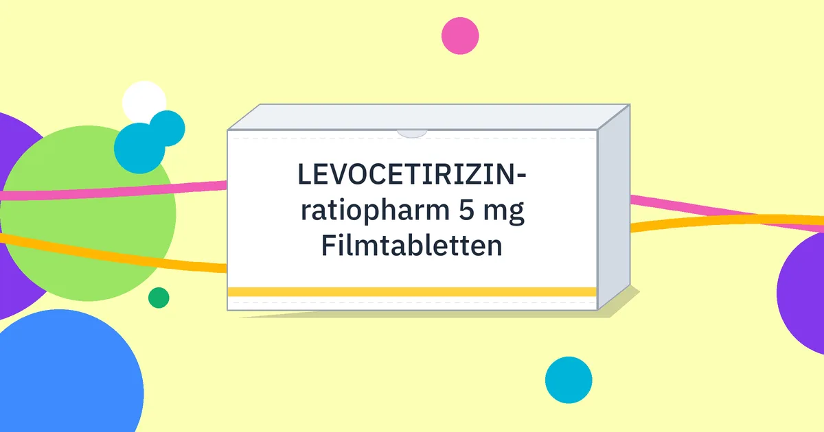 Symbolbild: Packung mit der Aufschrift LEVOCETIRIZIN-ratiopharm 5 mg Filmtabletten (PZN 15197741) – Verfügbarkeit und Bezug in Apotheken in Frankfurt am Main