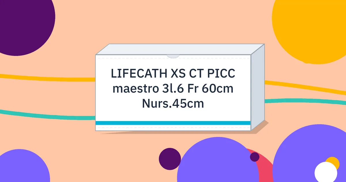 Symbolbild: Packung mit der Aufschrift LIFECATH XS CT PICC maestro 3l.6 Fr 60cm Nurs.45cm (PZN 19127826) – Verfügbarkeit und Bezug in Apotheken in Frankfurt am Main