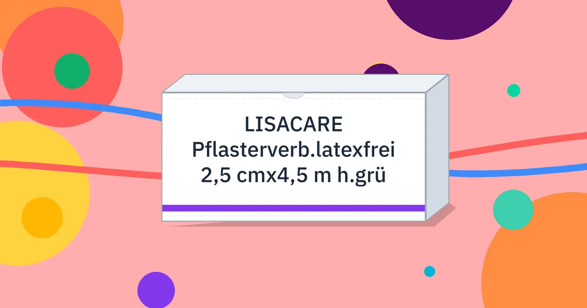 Symbolbild: Packung mit der Aufschrift LISACARE Pflasterverb.latexfrei 2,5 cmx4,5 m h.grü (PZN 18324772) – Verfügbarkeit und Bezug in Apotheken in Frankfurt am Main