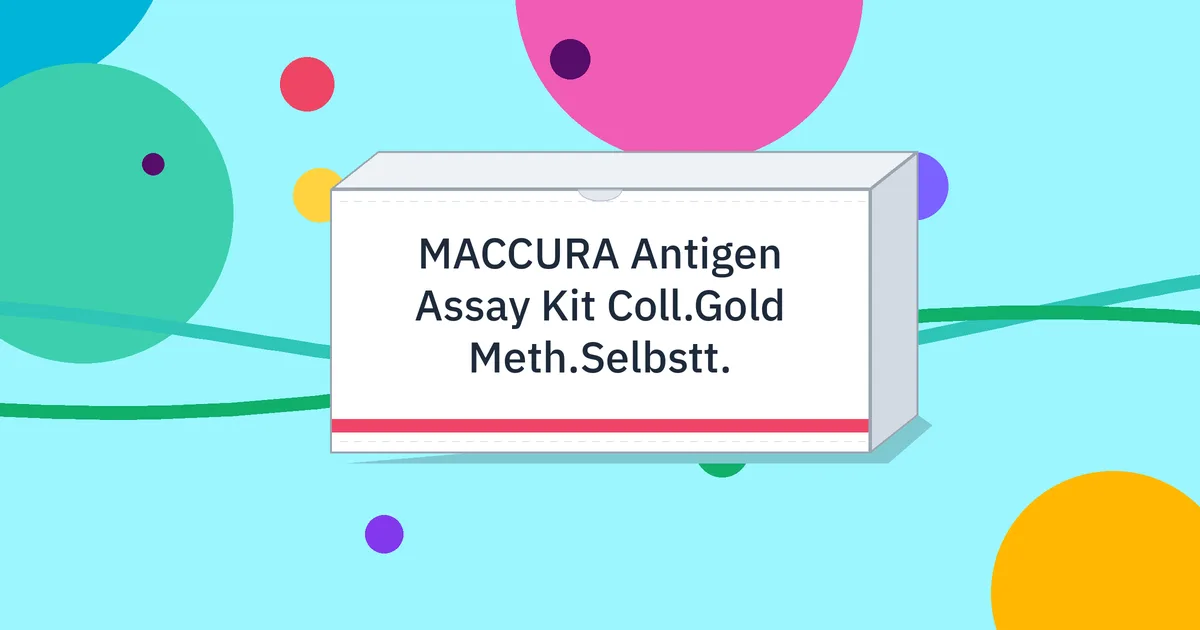 Symbolbild: Packung mit der Aufschrift MACCURA Antigen Assay Kit Coll.Gold Meth.Selbstt. (PZN 18250105) – Verfügbarkeit und Bezug in Apotheken in Frankfurt am Main