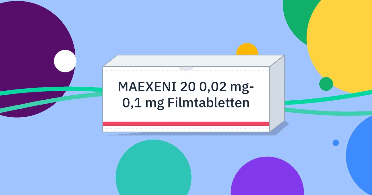 Symbolbild: Packung mit der Aufschrift MAEXENI 20 0,02 mg-0,1 mg Filmtabletten (PZN 10638146) – Verfügbarkeit und Bezug in Apotheken in Frankfurt am Main