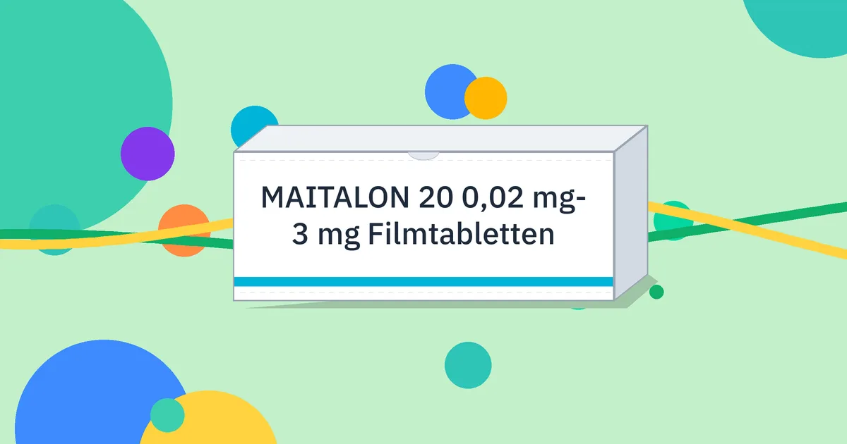 Symbolbild: Packung mit der Aufschrift MAITALON 20 0,02 mg-3 mg Filmtabletten (PZN 09648464) – Verfügbarkeit und Bezug in Apotheken in Frankfurt am Main