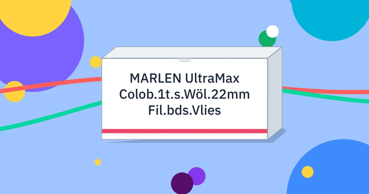 Symbolbild: Packung mit der Aufschrift MARLEN UltraMax Colob.1t.s.Wöl.22mm Fil.bds.Vlies (PZN 03293244) – Verfügbarkeit und Bezug in Apotheken in Frankfurt am Main