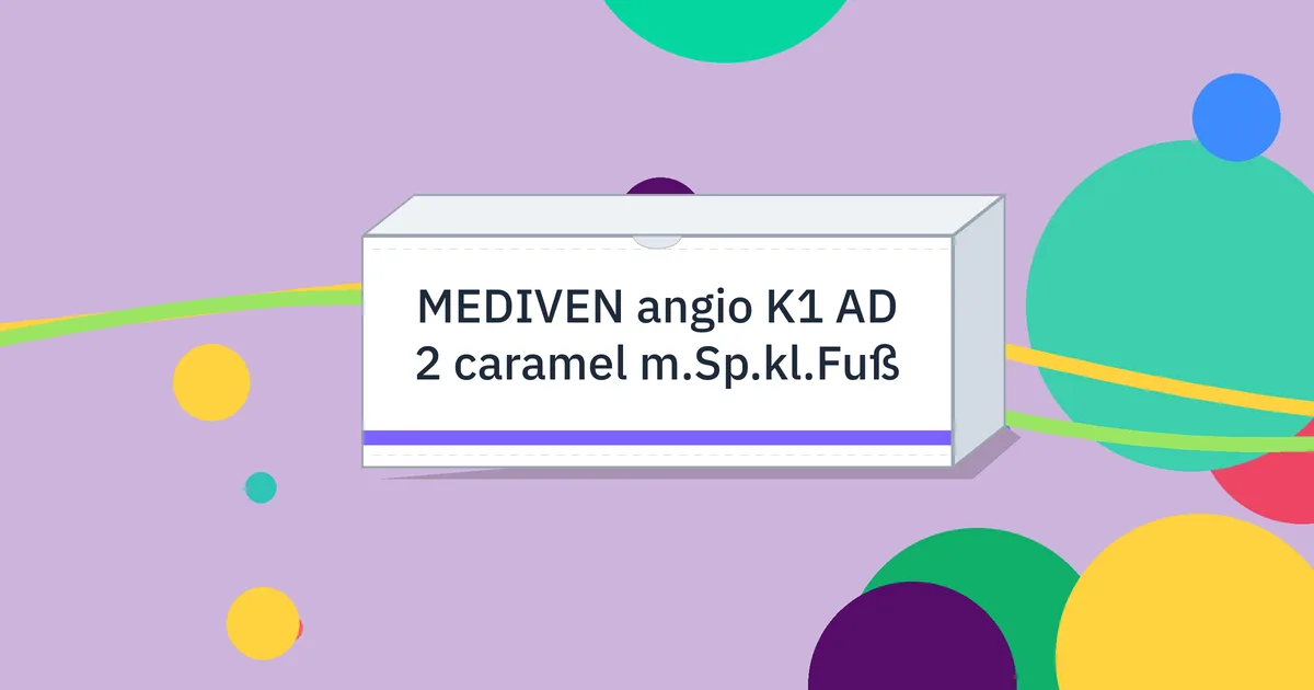 Symbolbild: Packung mit der Aufschrift MEDIVEN angio K1 AD 2 caramel m.Sp.kl.Fuß (PZN 17209945) – Verfügbarkeit und Bezug in Apotheken in Frankfurt am Main