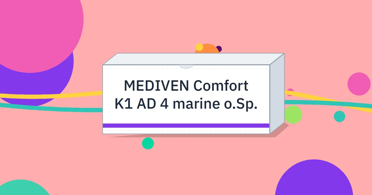 Symbolbild: Packung mit der Aufschrift MEDIVEN Comfort K1 AD 4 marine o.Sp. (PZN 14559610) – Verfügbarkeit und Bezug in Apotheken in Frankfurt am Main