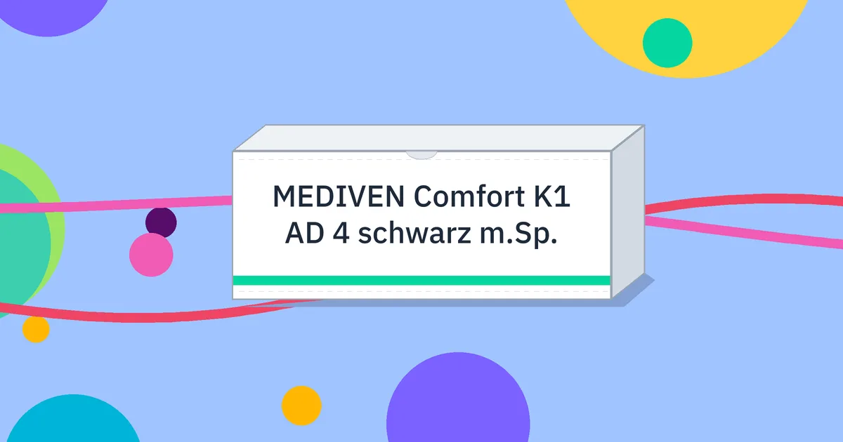 Symbolbild: Packung mit der Aufschrift MEDIVEN Comfort K1 AD 4 schwarz m.Sp. (PZN 04418498) – Verfügbarkeit und Bezug in Apotheken in Frankfurt am Main