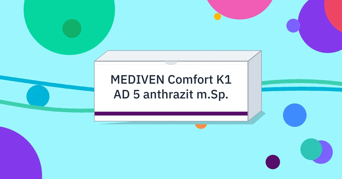 Symbolbild: Packung mit der Aufschrift MEDIVEN Comfort K1 AD 5 anthrazit m.Sp. (PZN 14558680) – Verfügbarkeit und Bezug in Apotheken in Frankfurt am Main