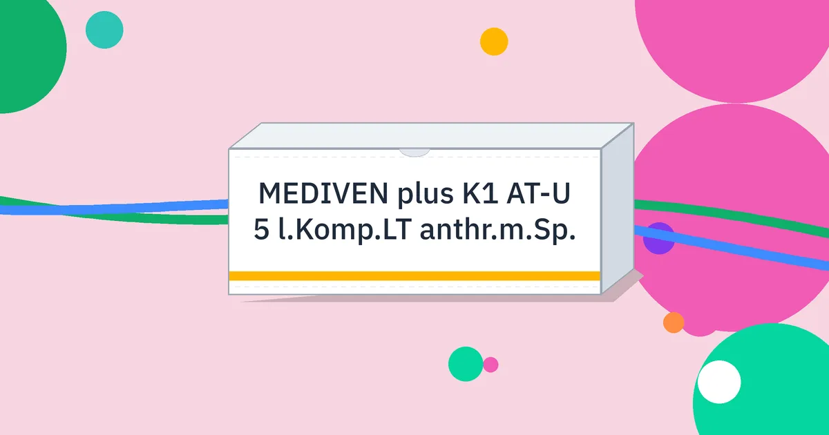 Symbolbild: Packung mit der Aufschrift MEDIVEN plus K1 AT-U 5 l.Komp.LT anthr.m.Sp. (PZN 15032827) – Verfügbarkeit und Bezug in Apotheken in Frankfurt am Main