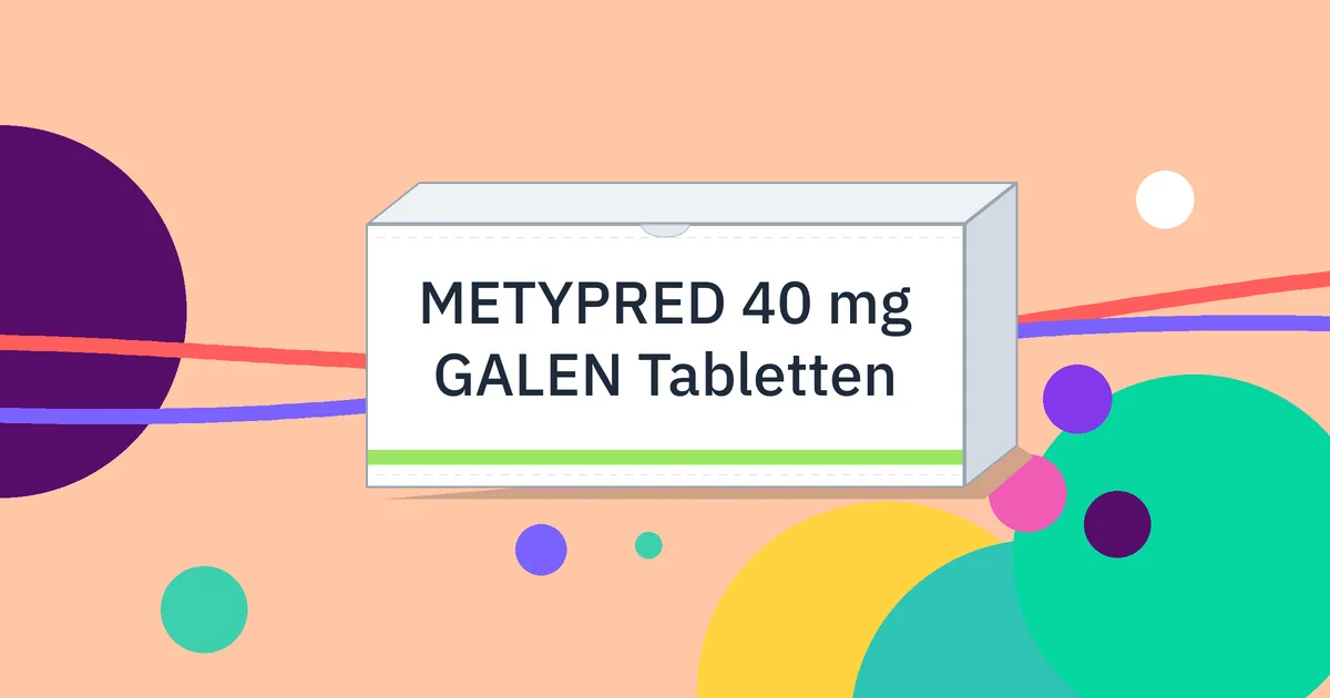 Symbolbild: Packung mit der Aufschrift METYPRED 40 mg GALEN Tabletten (PZN 06443359) – Verfügbarkeit und Bezug in Apotheken in Frankfurt am Main