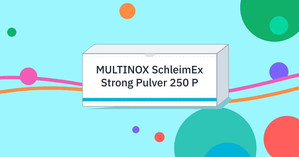 Symbolbild: Packung mit der Aufschrift MULTINOX SchleimEx Strong Pulver 250 P (PZN 15394068) – Verfügbarkeit und Bezug in Apotheken in Frankfurt am Main