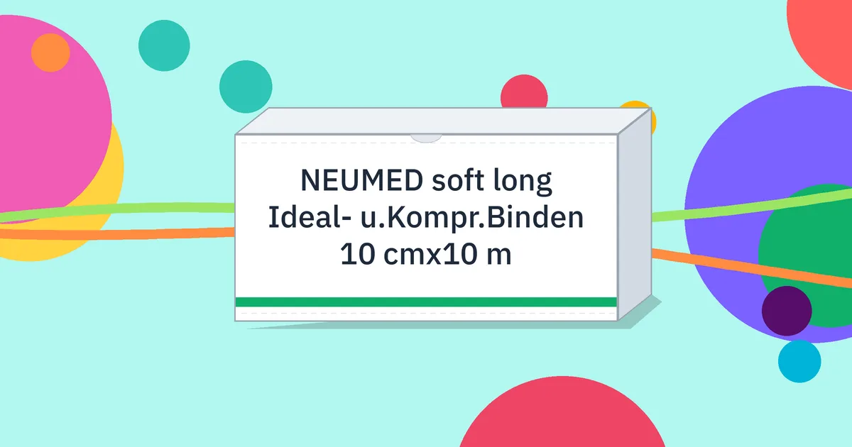 Symbolbild: Packung mit der Aufschrift NEUMED soft long Ideal- u.Kompr.Binden 10 cmx10 m (PZN 16498539) – Verfügbarkeit und Bezug in Apotheken in Frankfurt am Main
