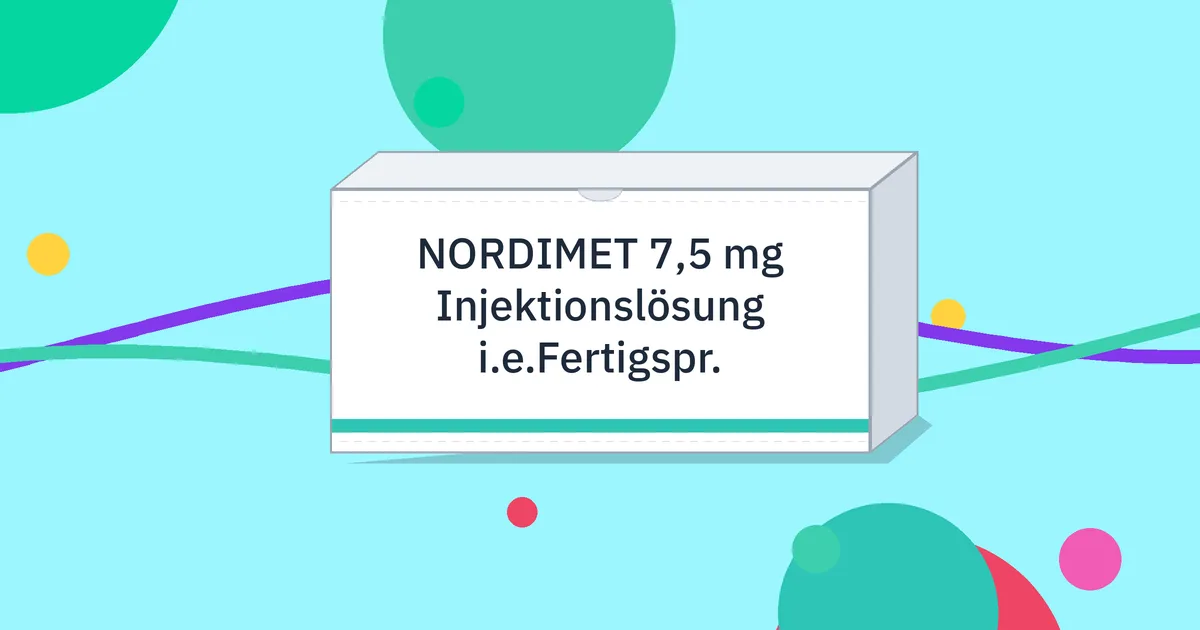 Symbolbild: Packung mit der Aufschrift NORDIMET 7,5 mg Injektionslösung i.e.Fertigspr. (PZN 15264696) – Verfügbarkeit und Bezug in Apotheken in Frankfurt am Main