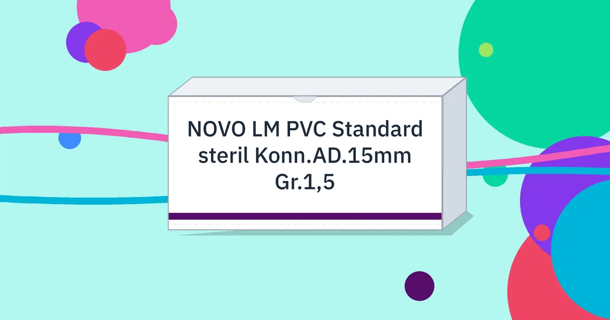 Symbolbild: Packung mit der Aufschrift NOVO LM PVC Standard steril Konn.AD.15mm Gr.1,5 (PZN 18491665) – Verfügbarkeit und Bezug in Apotheken in Frankfurt am Main