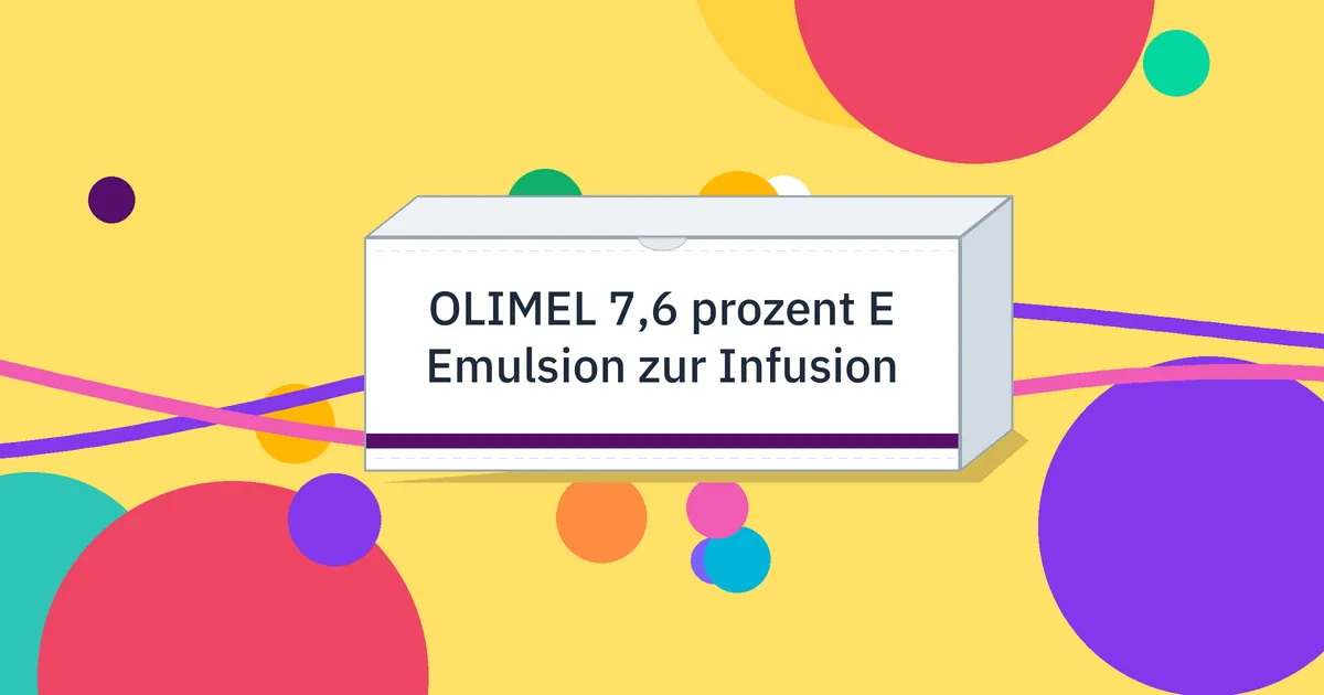 Symbolbild: Packung mit der Aufschrift OLIMEL 7,6 prozent E Emulsion zur Infusion (PZN 14438504) – Verfügbarkeit und Bezug in Apotheken in Frankfurt am Main