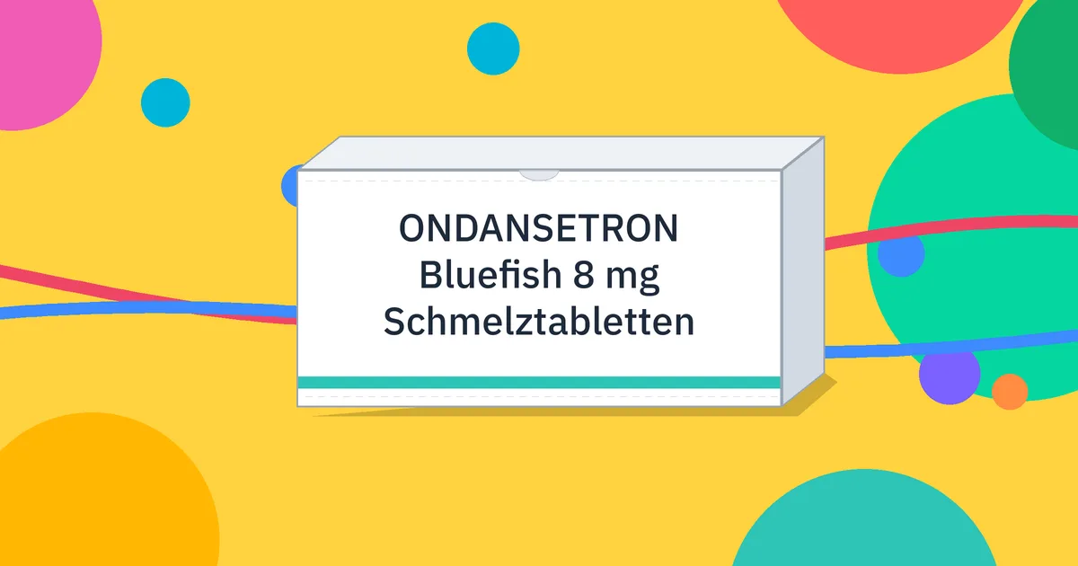 Symbolbild: Packung mit der Aufschrift ONDANSETRON Bluefish 8 mg Schmelztabletten (PZN 18806577) – Verfügbarkeit und Bezug in Apotheken in Frankfurt am Main