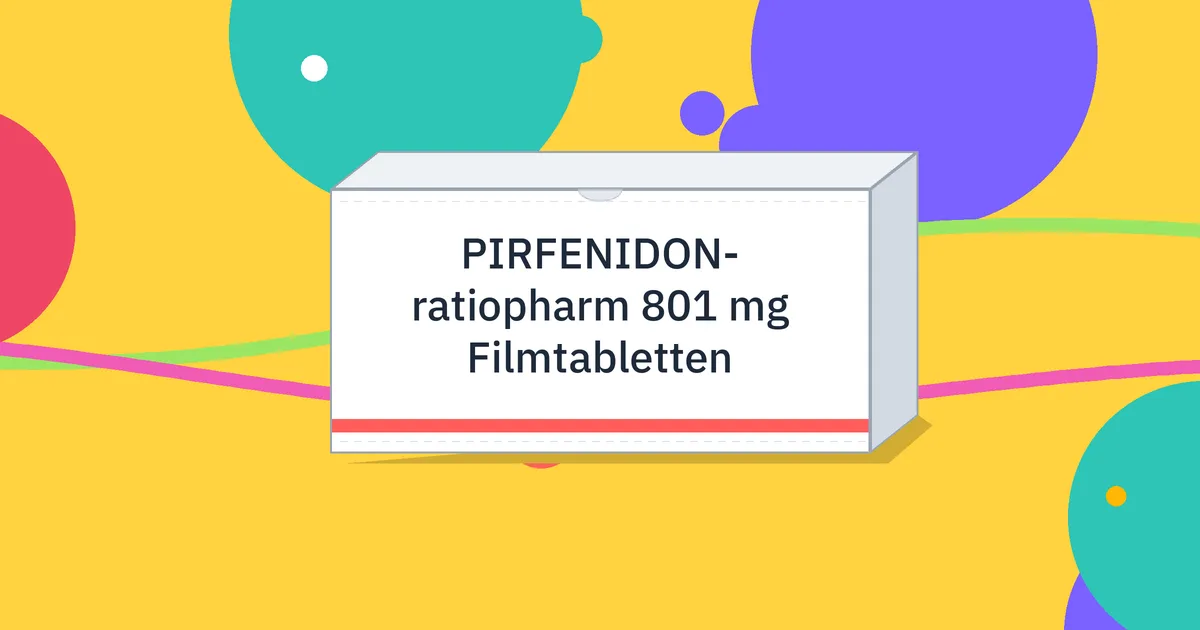 Symbolbild: Packung mit der Aufschrift PIRFENIDON-ratiopharm 801 mg Filmtabletten (PZN 18045090) – Verfügbarkeit und Bezug in Apotheken in Frankfurt am Main