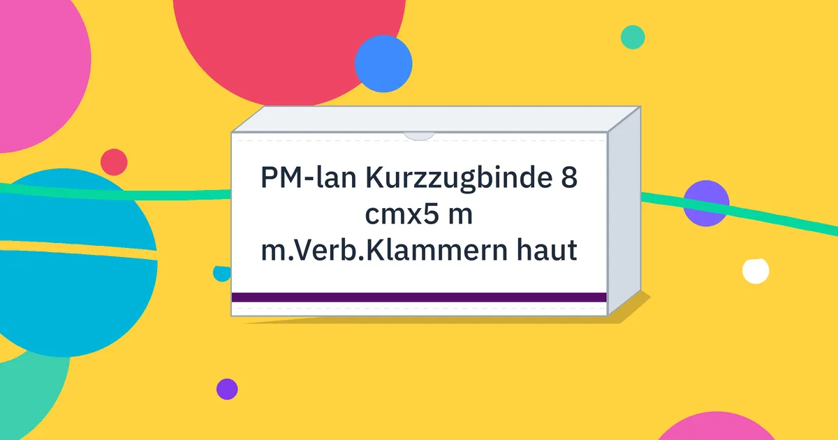 Symbolbild: Packung mit der Aufschrift PM-lan Kurzzugbinde 8 cmx5 m m.Verb.Klammern haut (PZN 18844891) – Verfügbarkeit und Bezug in Apotheken in Frankfurt am Main