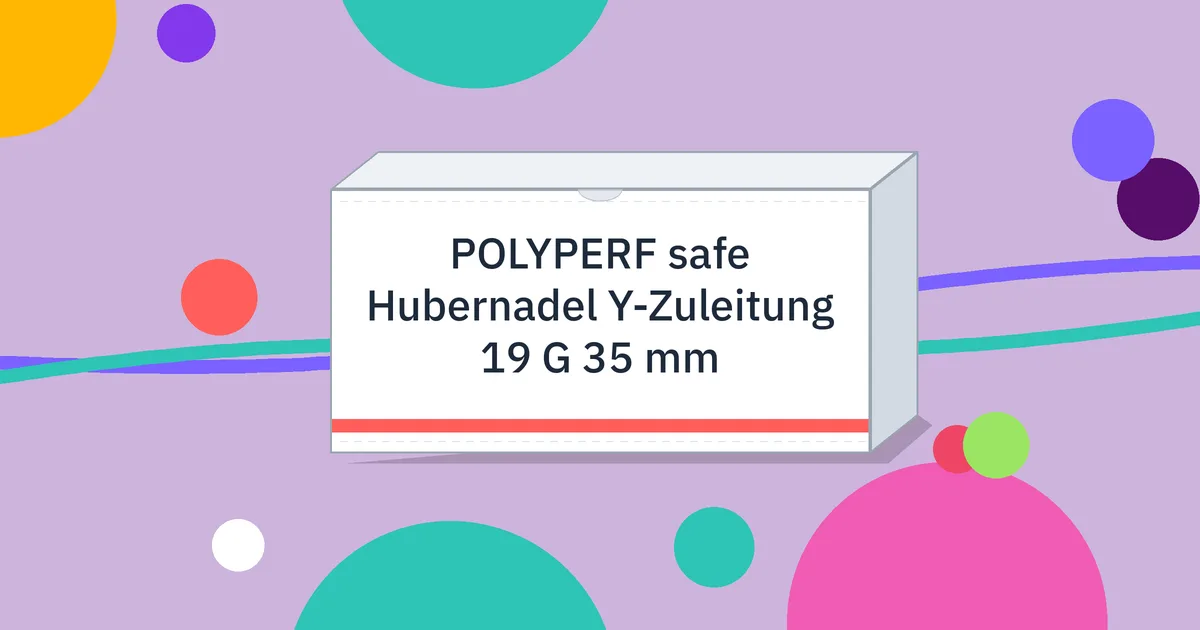 Symbolbild: Packung mit der Aufschrift POLYPERF safe Hubernadel Y-Zuleitung 19 G 35 mm (PZN 18114230) – Verfügbarkeit und Bezug in Apotheken in Frankfurt am Main