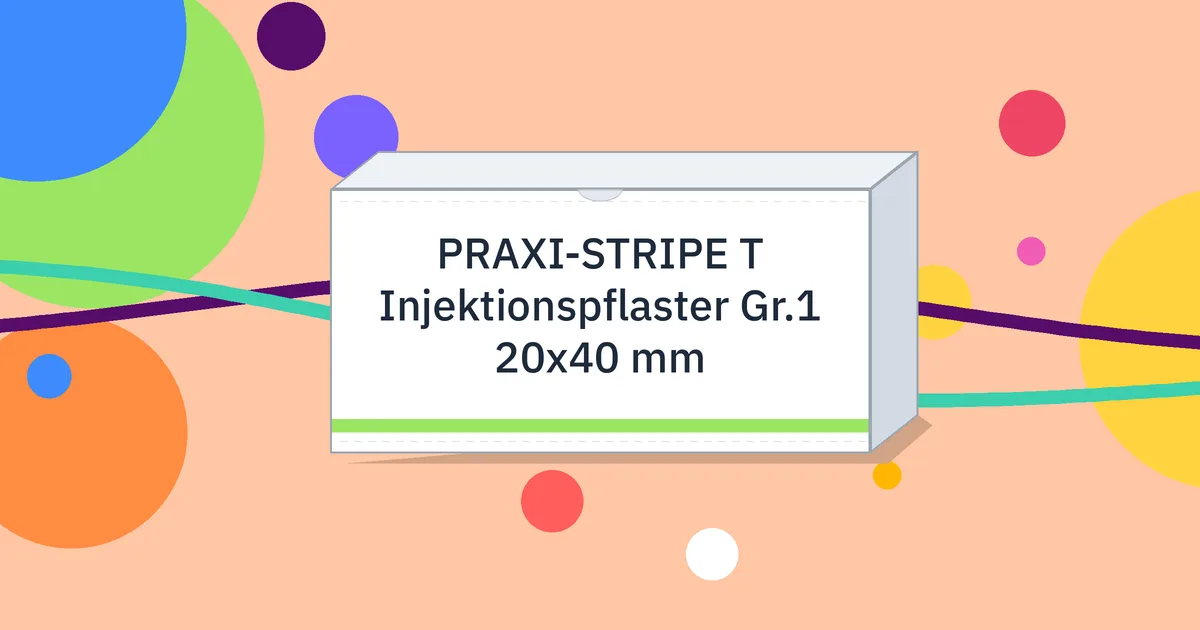 Symbolbild: Packung mit der Aufschrift PRAXI-STRIPE T Injektionspflaster Gr.1 20x40 mm (PZN 12827816) – Verfügbarkeit und Bezug in Apotheken in Frankfurt am Main