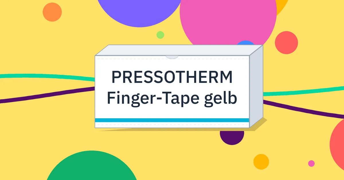 Symbolbild: Packung mit der Aufschrift PRESSOTHERM Finger-Tape gelb (PZN 09916947) – Verfügbarkeit und Bezug in Apotheken in Frankfurt am Main