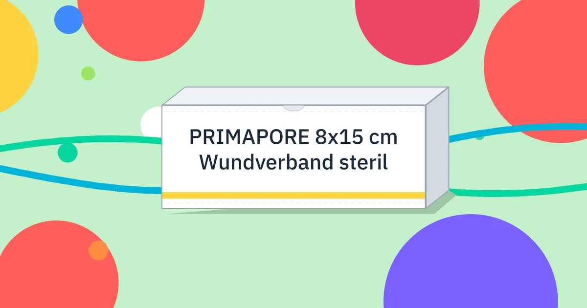 Symbolbild: Packung mit der Aufschrift PRIMAPORE 8x15 cm Wundverband steril (PZN 16165105) – Verfügbarkeit und Bezug in Apotheken in Frankfurt am Main