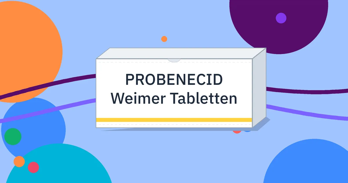 Symbolbild: Packung mit der Aufschrift PROBENECID Weimer Tabletten (PZN 15656746) – Verfügbarkeit und Bezug in Apotheken in Frankfurt am Main