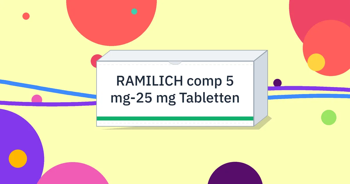 Symbolbild: Packung mit der Aufschrift RAMILICH comp 5 mg-25 mg Tabletten (PZN 01984079) – Verfügbarkeit und Bezug in Apotheken in Frankfurt am Main