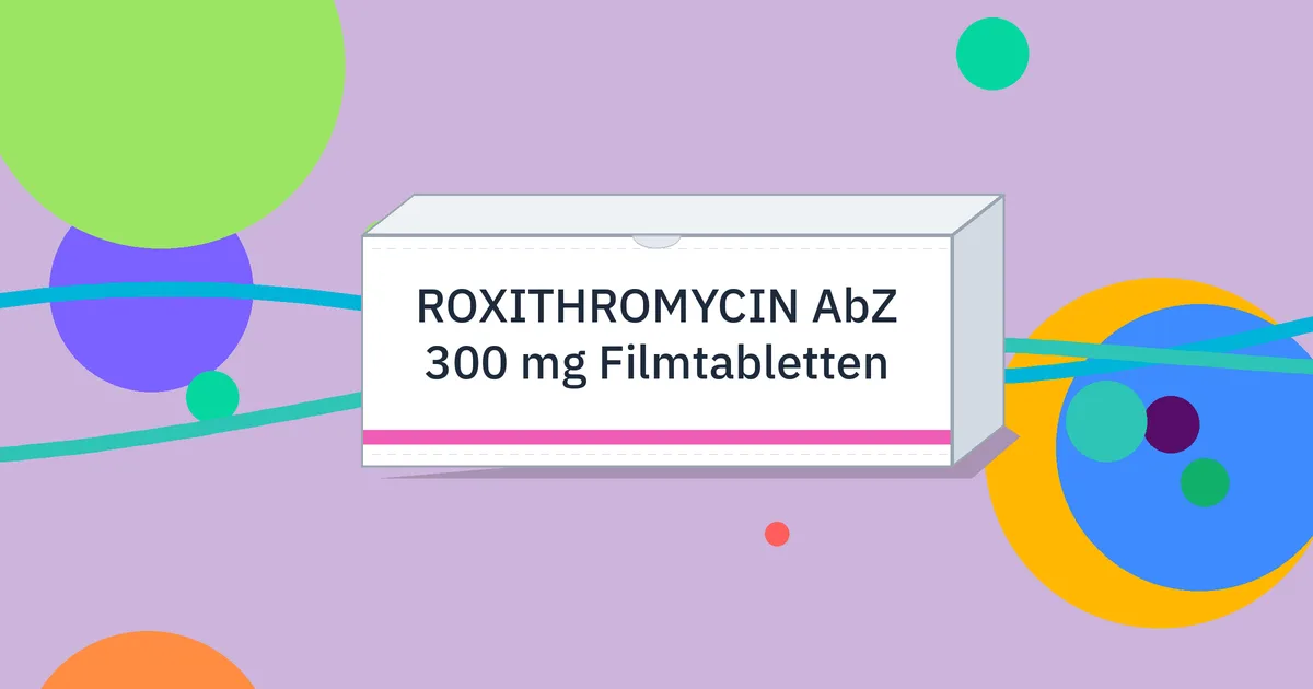 Symbolbild: Packung mit der Aufschrift ROXITHROMYCIN AbZ 300 mg Filmtabletten (PZN 00094277) – Verfügbarkeit und Bezug in Apotheken in Frankfurt am Main