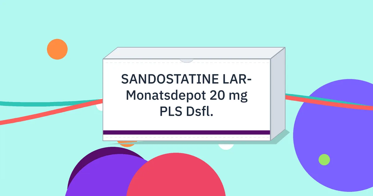 Symbolbild: Packung mit der Aufschrift SANDOSTATINE LAR-Monatsdepot 20 mg PLS Dsfl. (PZN 19224038) – Verfügbarkeit und Bezug in Apotheken in Frankfurt am Main