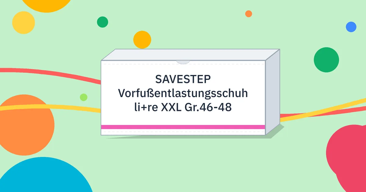 Symbolbild: Packung mit der Aufschrift SAVESTEP Vorfußentlastungsschuh li+re XXL Gr.46-48 (PZN 17197343) – Verfügbarkeit und Bezug in Apotheken in Frankfurt am Main