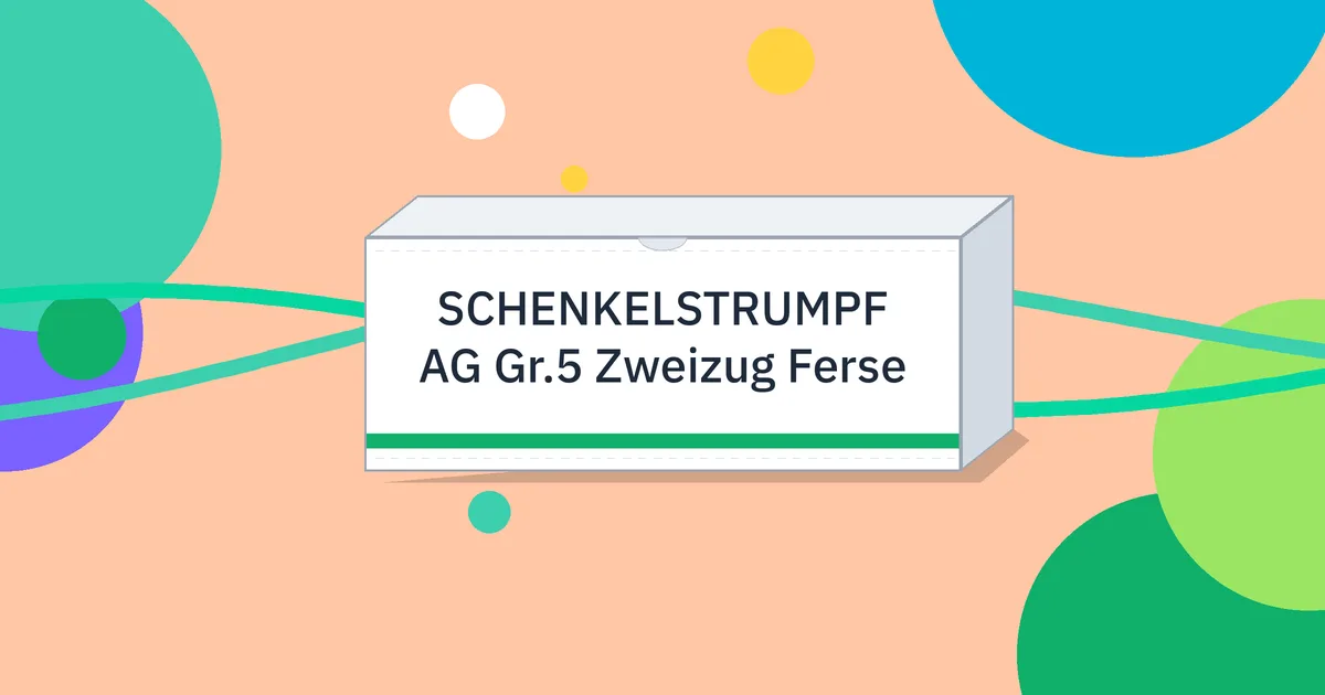 Symbolbild: Packung mit der Aufschrift SCHENKELSTRUMPF AG Gr.5 Zweizug Ferse (PZN 01738245) – Verfügbarkeit und Bezug in Apotheken in Frankfurt am Main