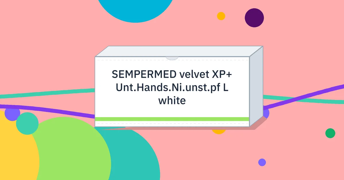 Symbolbild: Packung mit der Aufschrift SEMPERMED velvet XP+ Unt.Hands.Ni.unst.pf L white (PZN 20893916) – Verfügbarkeit und Bezug in Apotheken in Frankfurt am Main