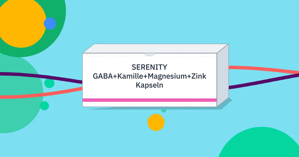 Symbolbild: Packung mit der Aufschrift SERENITY GABA+Kamille+Magnesium+Zink Kapseln (PZN 18381103) – Verfügbarkeit und Bezug in Apotheken in Frankfurt am Main