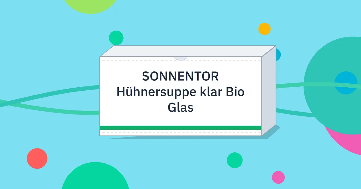 Symbolbild: Packung mit der Aufschrift SONNENTOR Hühnersuppe klar Bio Glas (PZN 18903872) – Verfügbarkeit und Bezug in Apotheken in Frankfurt am Main