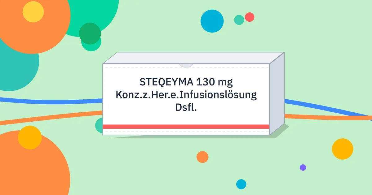 Symbolbild: Packung mit der Aufschrift STEQEYMA 130 mg Konz.z.Her.e.Infusionslösung Dsfl. (PZN 19825341) – Verfügbarkeit und Bezug in Apotheken in Frankfurt am Main