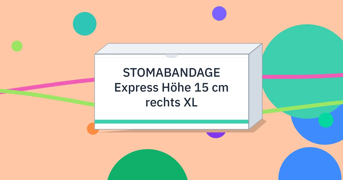 Symbolbild: Packung mit der Aufschrift STOMABANDAGE Express Höhe 15 cm rechts XL (PZN 16507907) – Verfügbarkeit und Bezug in Apotheken in Frankfurt am Main