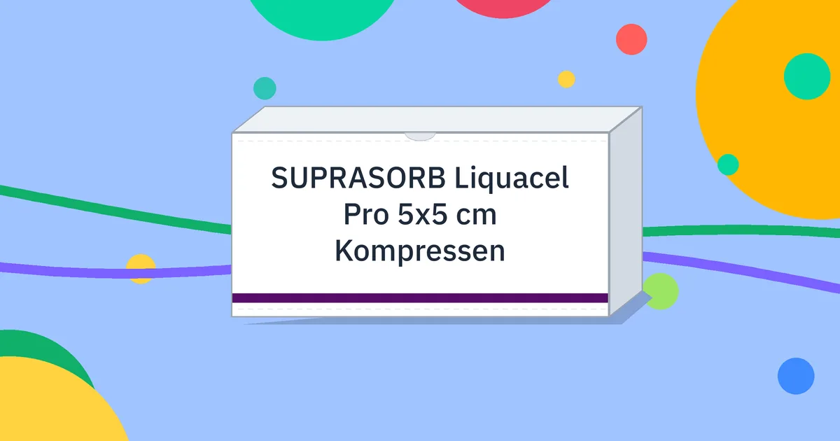 Symbolbild: Packung mit der Aufschrift SUPRASORB Liquacel Pro 5x5 cm Kompressen (PZN 20869384) – Verfügbarkeit und Bezug in Apotheken in Frankfurt am Main