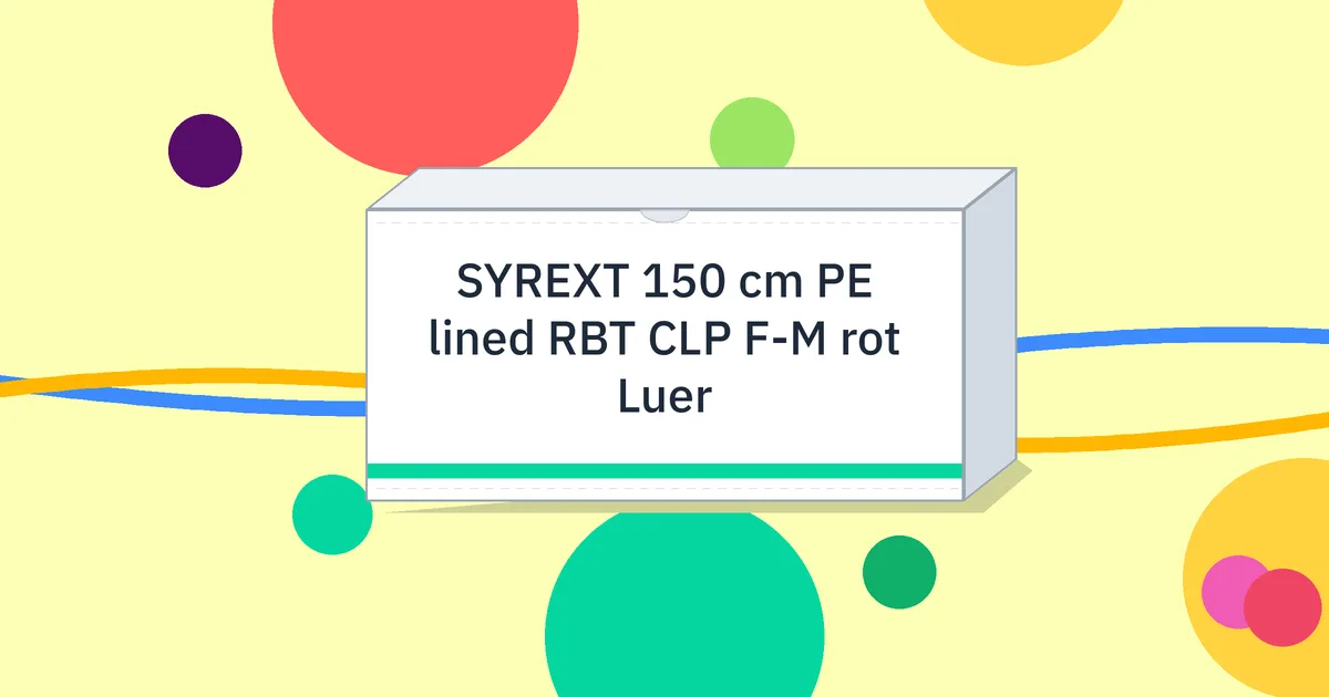 Symbolbild: Packung mit der Aufschrift SYREXT 150 cm PE lined RBT CLP F-M rot Luer (PZN 17898873) – Verfügbarkeit und Bezug in Apotheken in Frankfurt am Main