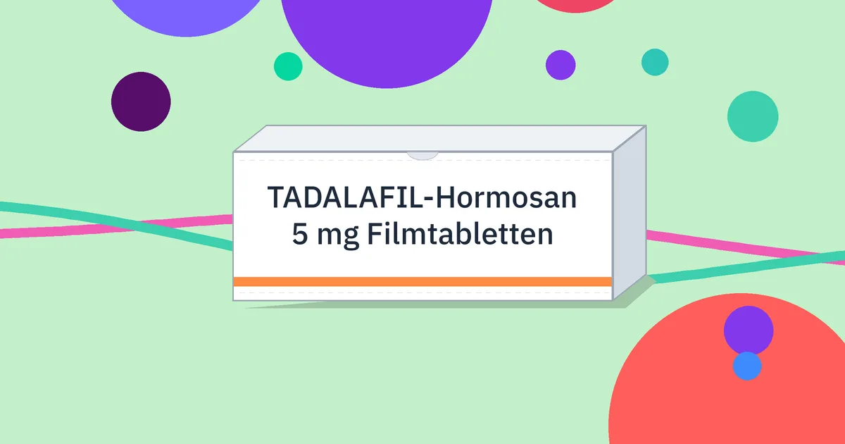 Symbolbild: Packung mit der Aufschrift TADALAFIL-Hormosan 5 mg Filmtabletten (PZN 17604015) – Verfügbarkeit und Bezug in Apotheken in Frankfurt am Main