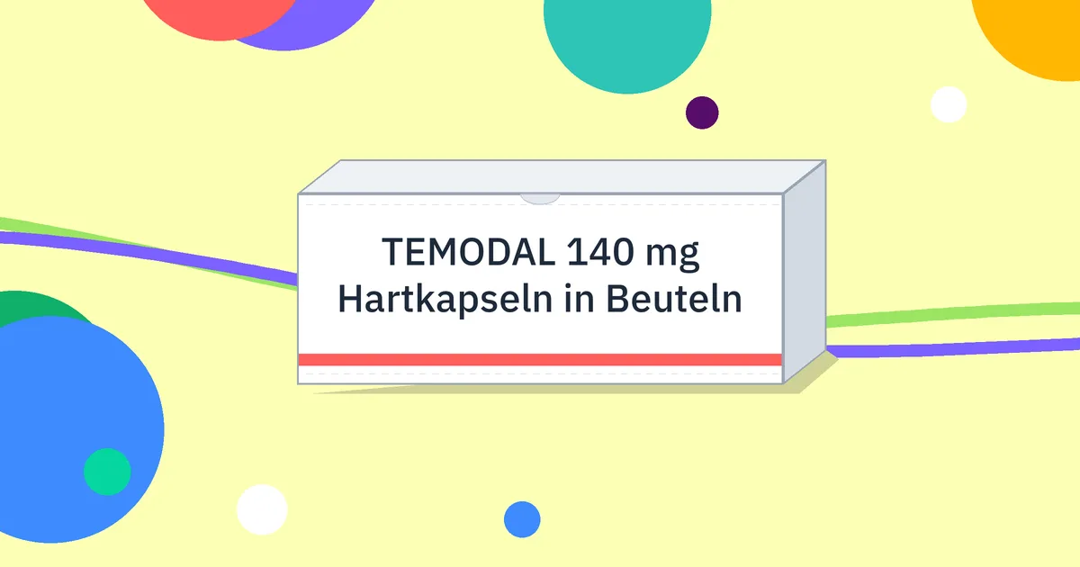 Symbolbild: Packung mit der Aufschrift TEMODAL 140 mg Hartkapseln in Beuteln (PZN 16147082) – Verfügbarkeit und Bezug in Apotheken in Frankfurt am Main
