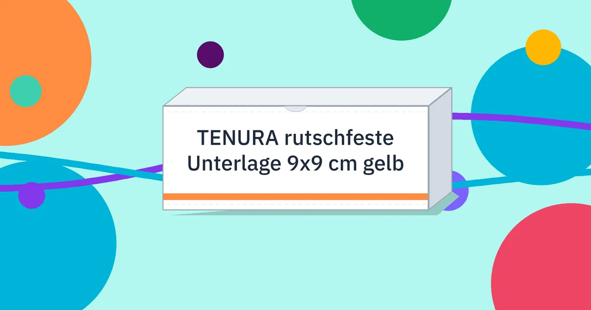 Symbolbild: Packung mit der Aufschrift TENURA rutschfeste Unterlage 9x9 cm gelb (PZN 09669265) – Verfügbarkeit und Bezug in Apotheken in Frankfurt am Main