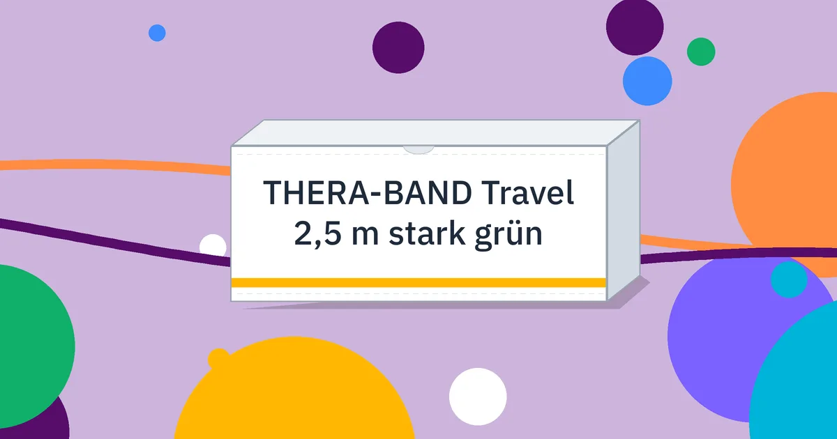 Symbolbild: Packung mit der Aufschrift THERA-BAND Travel 2,5 m stark grün (PZN 00224260) – Verfügbarkeit und Bezug in Apotheken in Frankfurt am Main