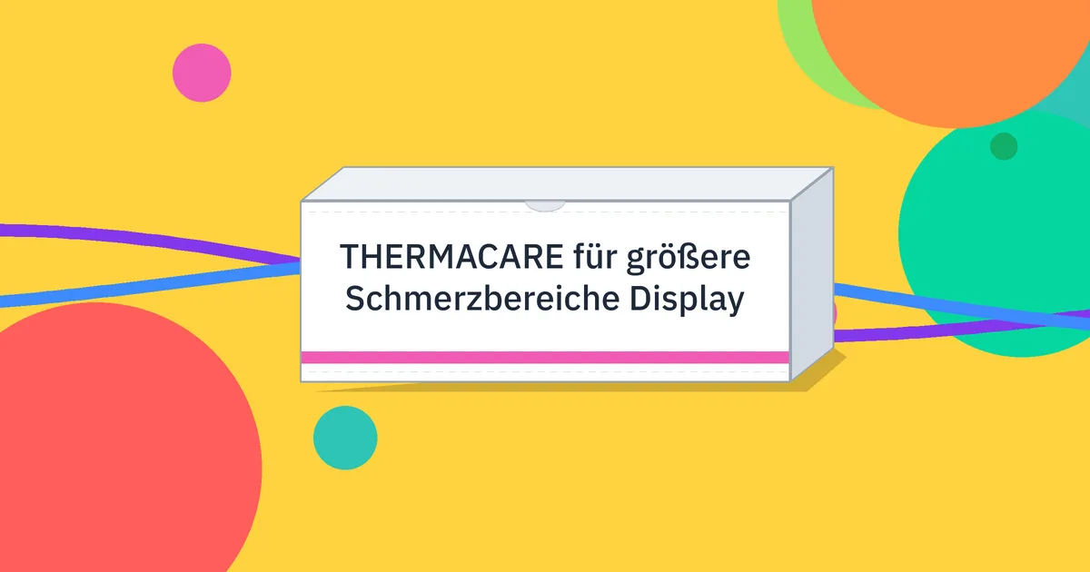 Symbolbild: Packung mit der Aufschrift THERMACARE für größere Schmerzbereiche Display (PZN 20621218) – Verfügbarkeit und Bezug in Apotheken in Frankfurt am Main