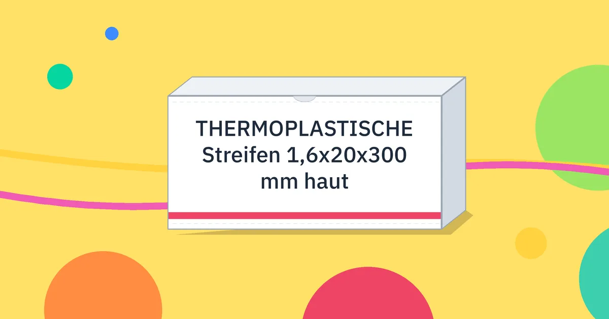 Symbolbild: Packung mit der Aufschrift THERMOPLASTISCHE Streifen 1,6x20x300 mm haut (PZN 11550169) – Verfügbarkeit und Bezug in Apotheken in Frankfurt am Main