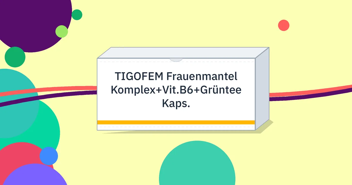 Symbolbild: Packung mit der Aufschrift TIGOFEM Frauenmantel Komplex+Vit.B6+Grüntee Kaps. (PZN 18720605) – Verfügbarkeit und Bezug in Apotheken in Frankfurt am Main