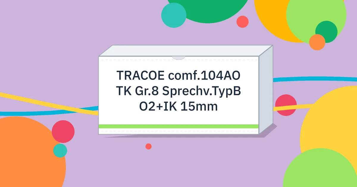 Symbolbild: Packung mit der Aufschrift TRACOE comf.104AO TK Gr.8 Sprechv.TypB O2+IK 15mm (PZN 18232685) – Verfügbarkeit und Bezug in Apotheken in Frankfurt am Main
