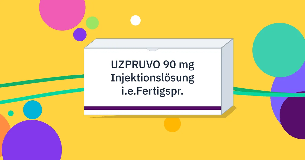 Symbolbild: Packung mit der Aufschrift UZPRUVO 90 mg Injektionslösung i.e.Fertigspr. (PZN 19665920) – Verfügbarkeit und Bezug in Apotheken in Frankfurt am Main
