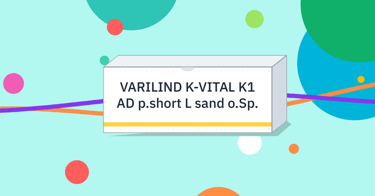 Symbolbild: Packung mit der Aufschrift VARILIND K-VITAL K1 AD p.short L sand o.Sp. (PZN 20566117) – Verfügbarkeit und Bezug in Apotheken in Frankfurt am Main