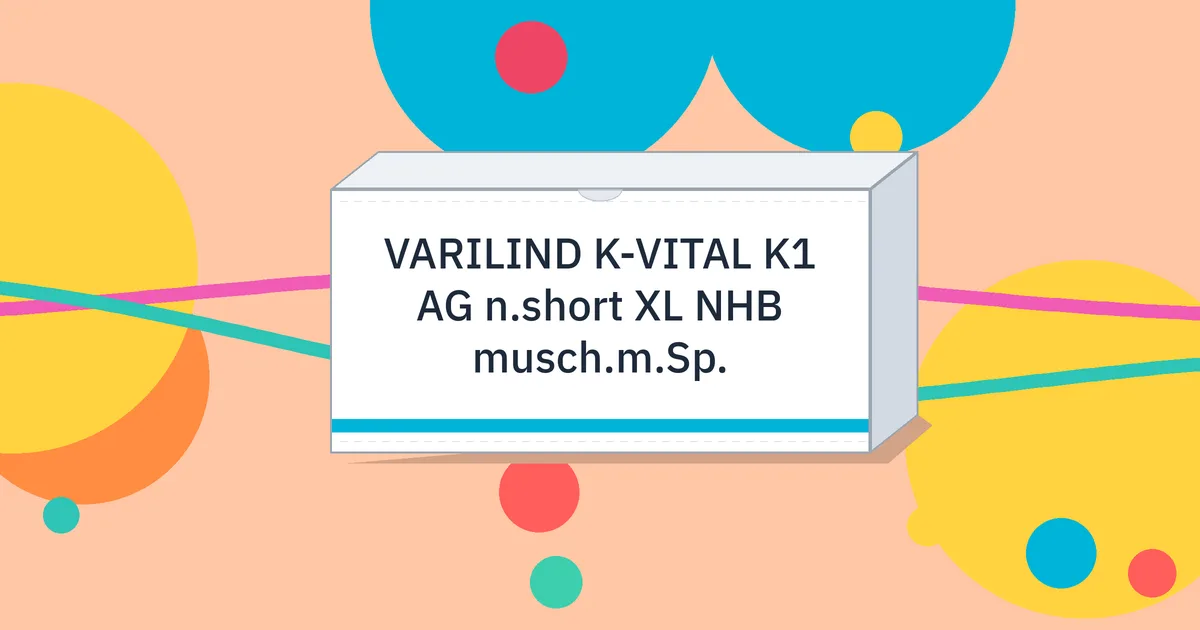Symbolbild: Packung mit der Aufschrift VARILIND K-VITAL K1 AG n.short XL NHB musch.m.Sp. (PZN 20563834) – Verfügbarkeit und Bezug in Apotheken in Frankfurt am Main