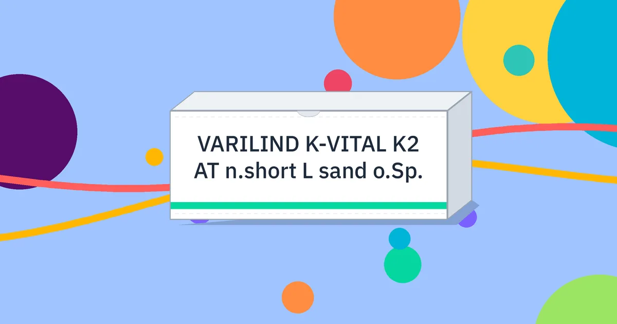 Symbolbild: Packung mit der Aufschrift VARILIND K-VITAL K2 AT n.short L sand o.Sp. (PZN 20561309) – Verfügbarkeit und Bezug in Apotheken in Frankfurt am Main